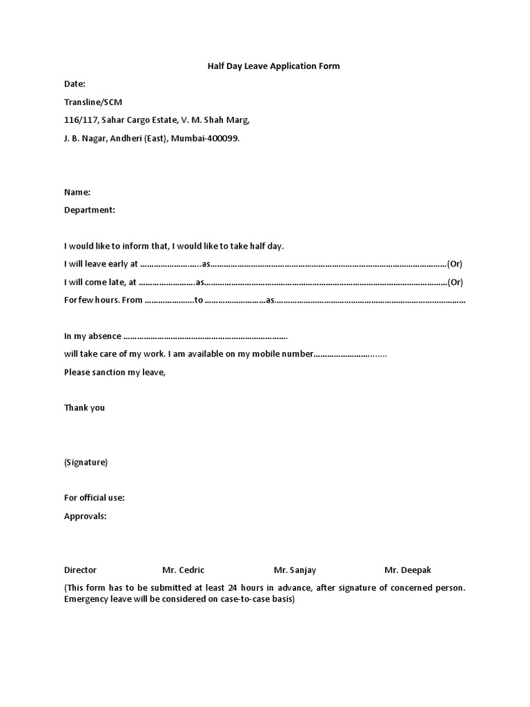 Half Day Leave Application Form | PDF