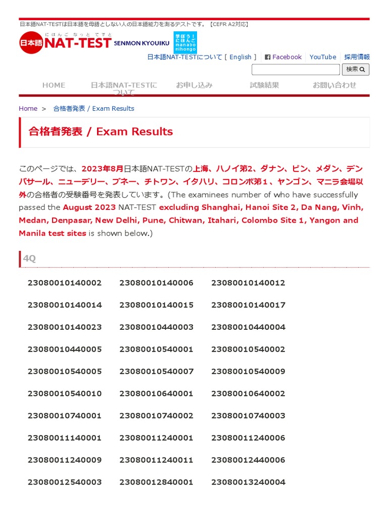 合格者発表 / Exam Results: Home ⽇本語NAT-TESTに ついて お申し込み 試験結果 お問い合わせ | PDF