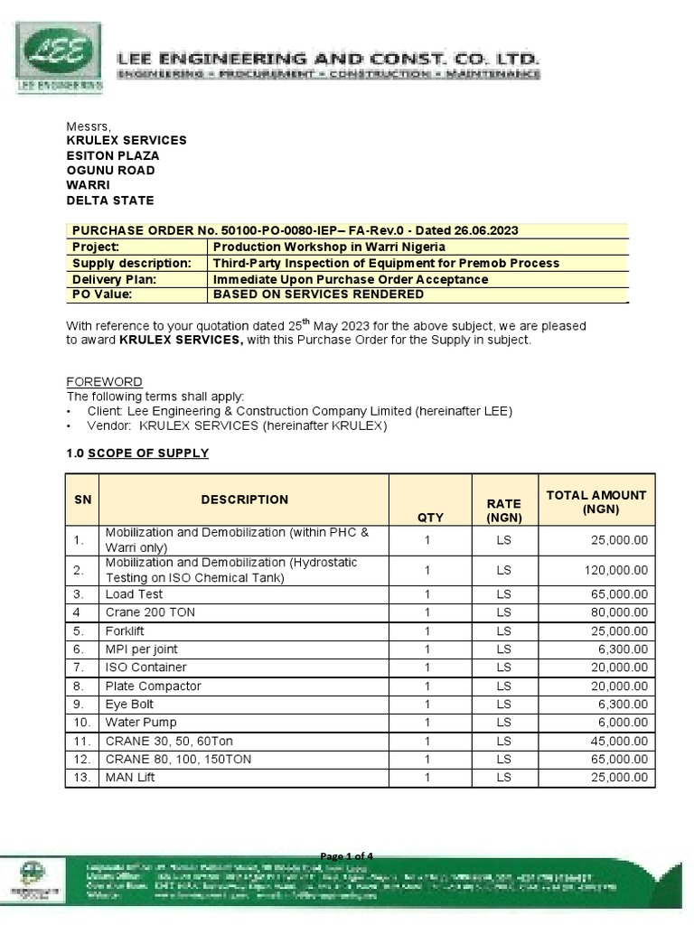 Purchase Order No 50100-PO-0080-IEP - FA-Rev 0 | PDF | Manufactured ...