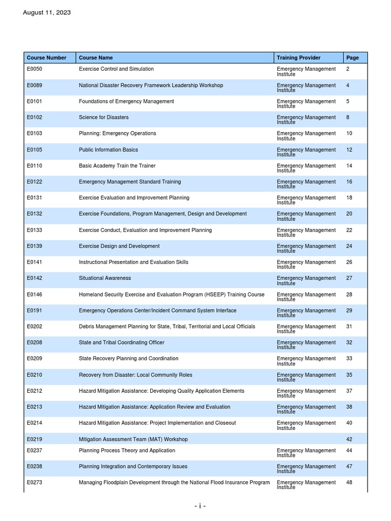 Emergency Management Training Courses List | PDF