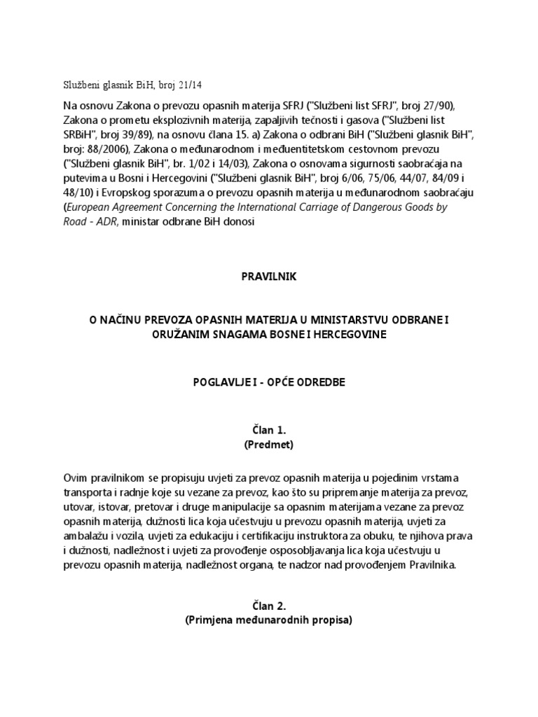 Pravilnik - Adr Os Bih | PDF