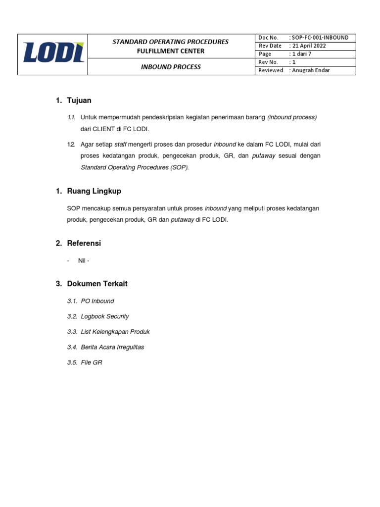 Sop Inbound - Lodi | PDF