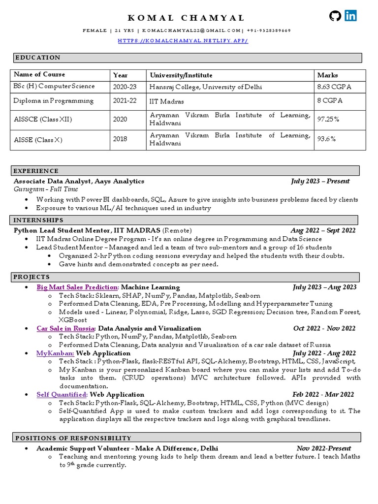 CV - Komal (Data Analyst) | PDF