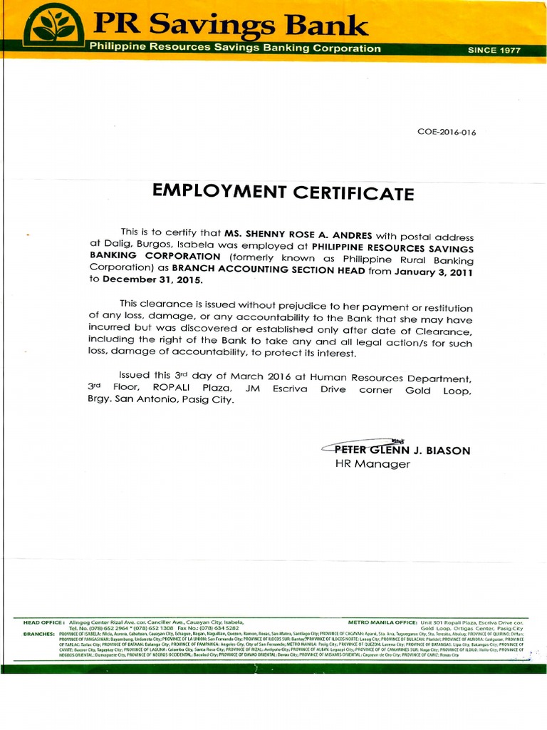 Certificate of Employment-Prsb | PDF