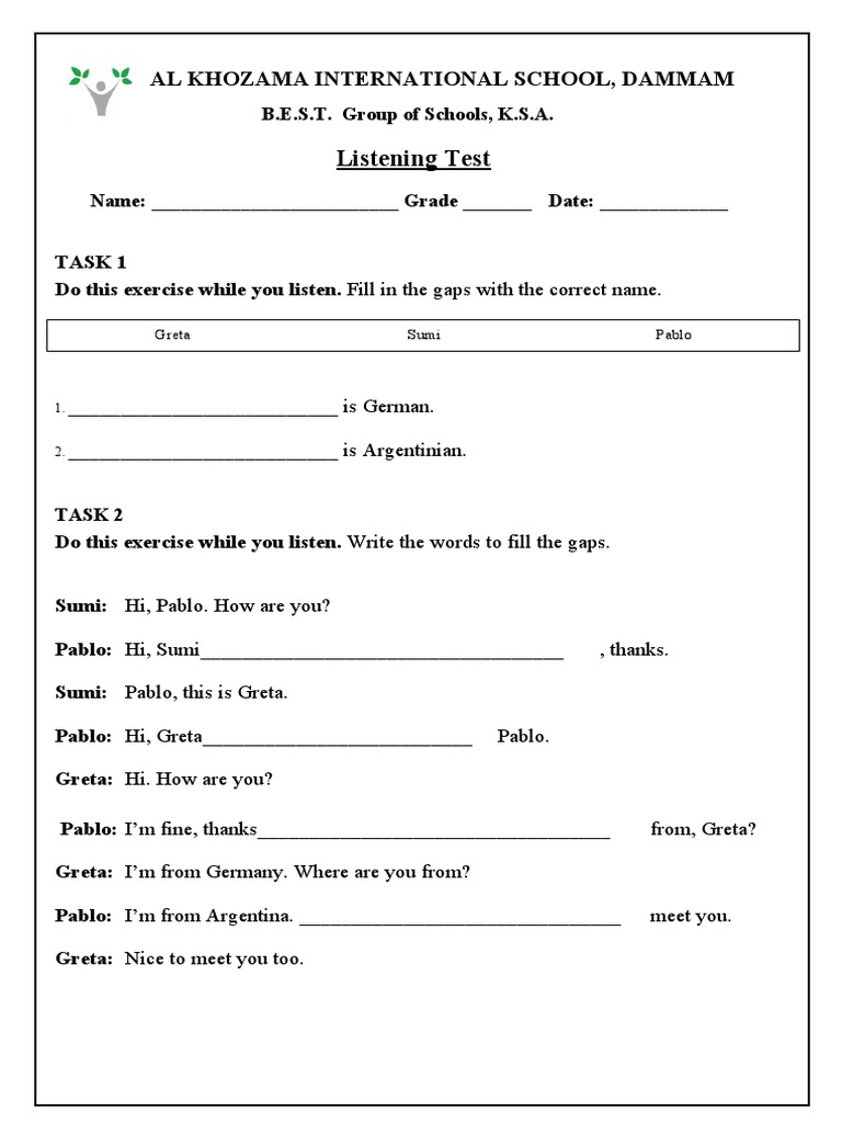 Grade 5 - Listening Test | PDF