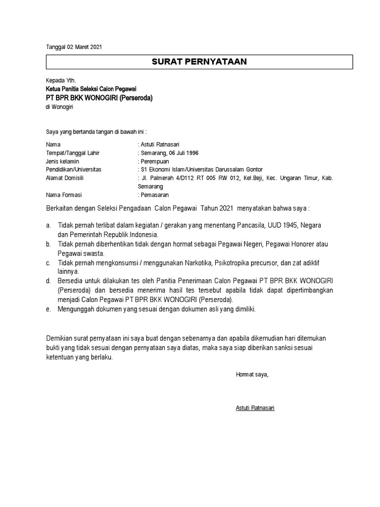 Surat Pernyataan BKK | PDF