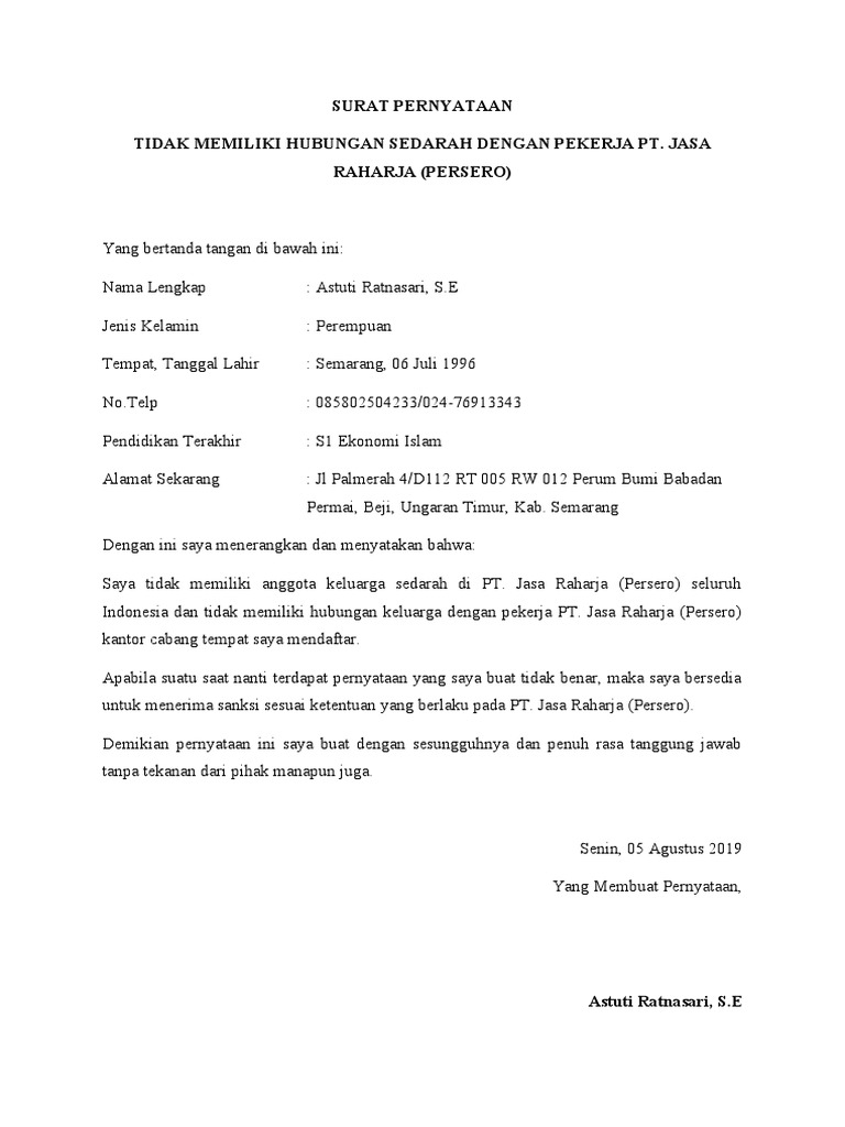 Surat Pernyataan Tidak Memiliki Hubungan Sedarah | PDF Surat Pernyataan Tidak Memiliki Hubungan Sedarah | PDF