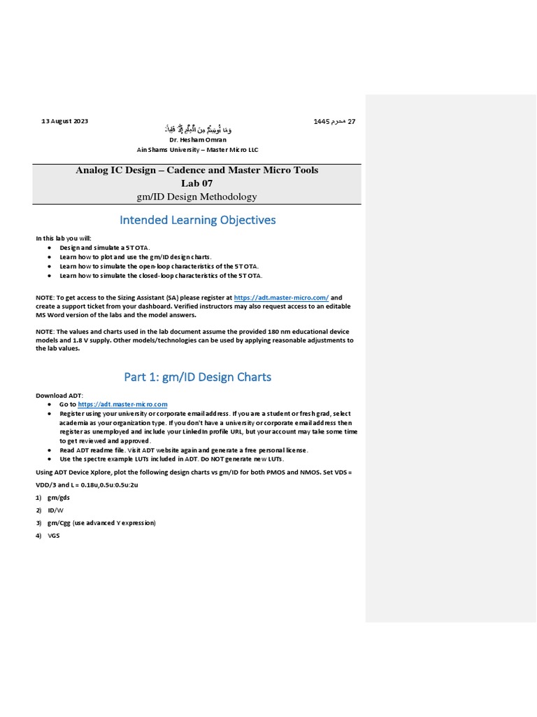 Aic Lab Cadence MM 07 gmID v01 | PDF | Decibel | Cmos