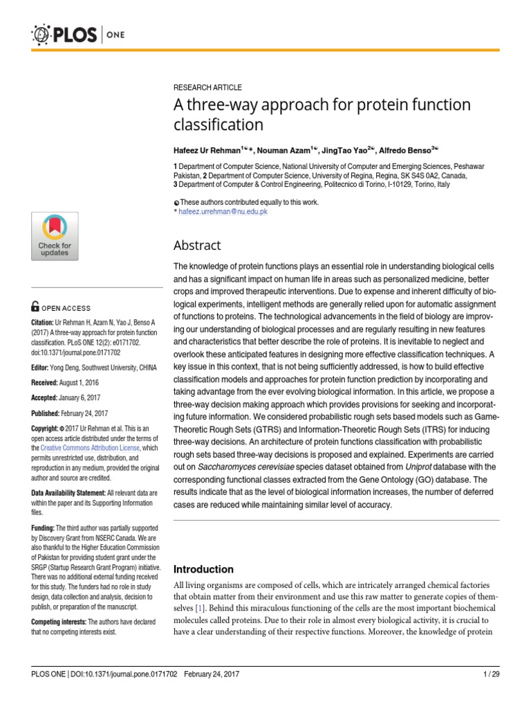 A Three-Way Approach For Protein Function Classification (Deep Learning Based 3WC) | PDF