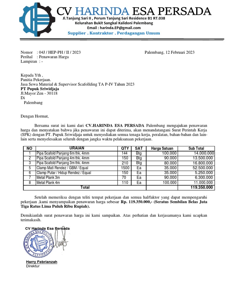 Penawaran Harga CV Harinda Esa Persada | PDF