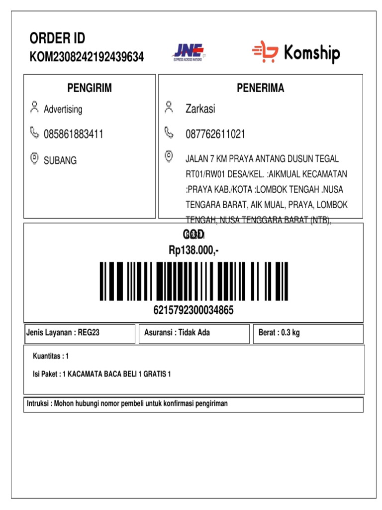 Order Id: Pengirim Penerima | PDF