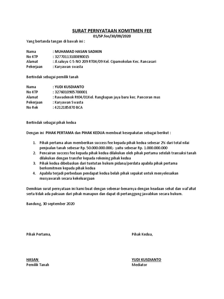 Contoh Surat Komitmen Fee | PDF