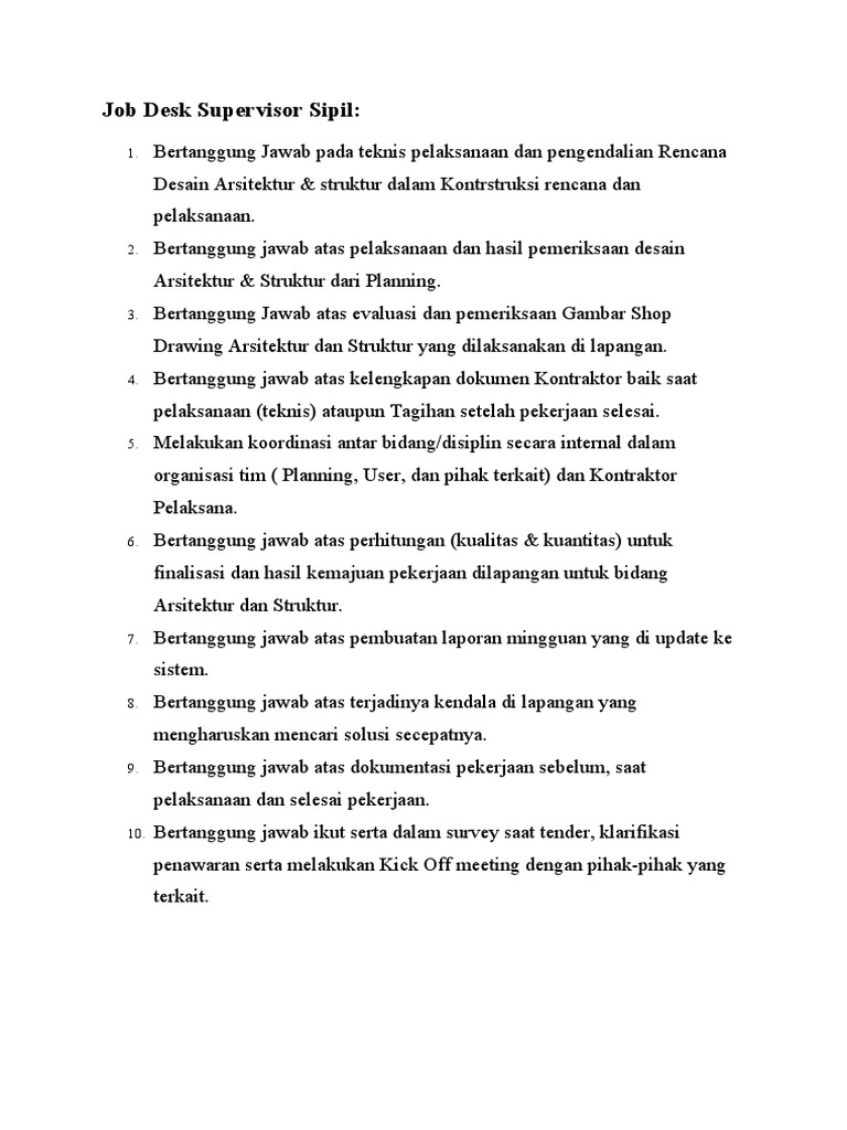 Tugas dan Tanggung Jawab Supervisor Sipil | PDF