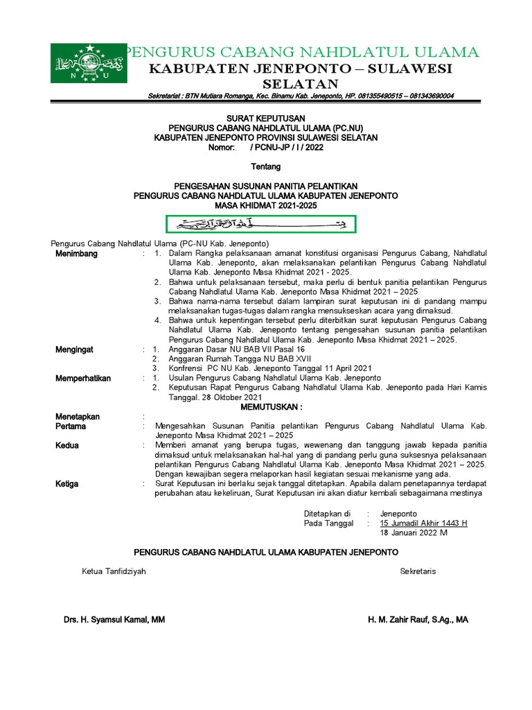 SK Panitia Pelantikan Pcnu Jeneponto | PDF