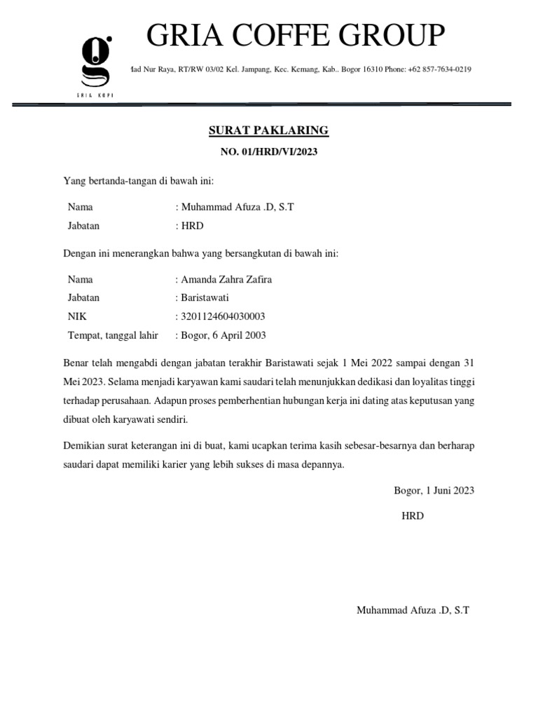 Contoh Surat Paklaring Karyawan | PDF