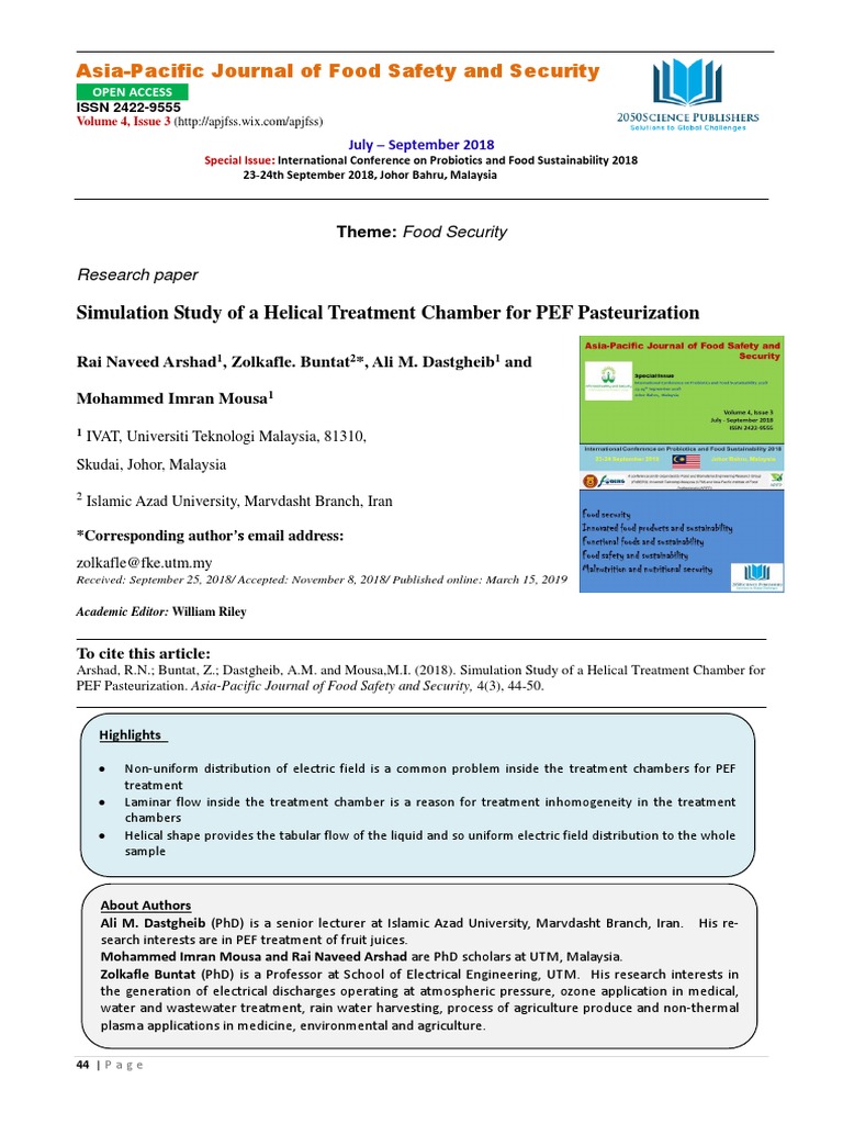 Simulation Study of a Helical Treatment Chamber for PEF Pasteurization ...