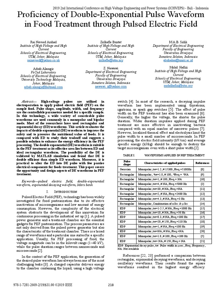 Proficiency of Double-Exponential Pulse Waveform in Food Treatment Through Pulsed Electric Field ...