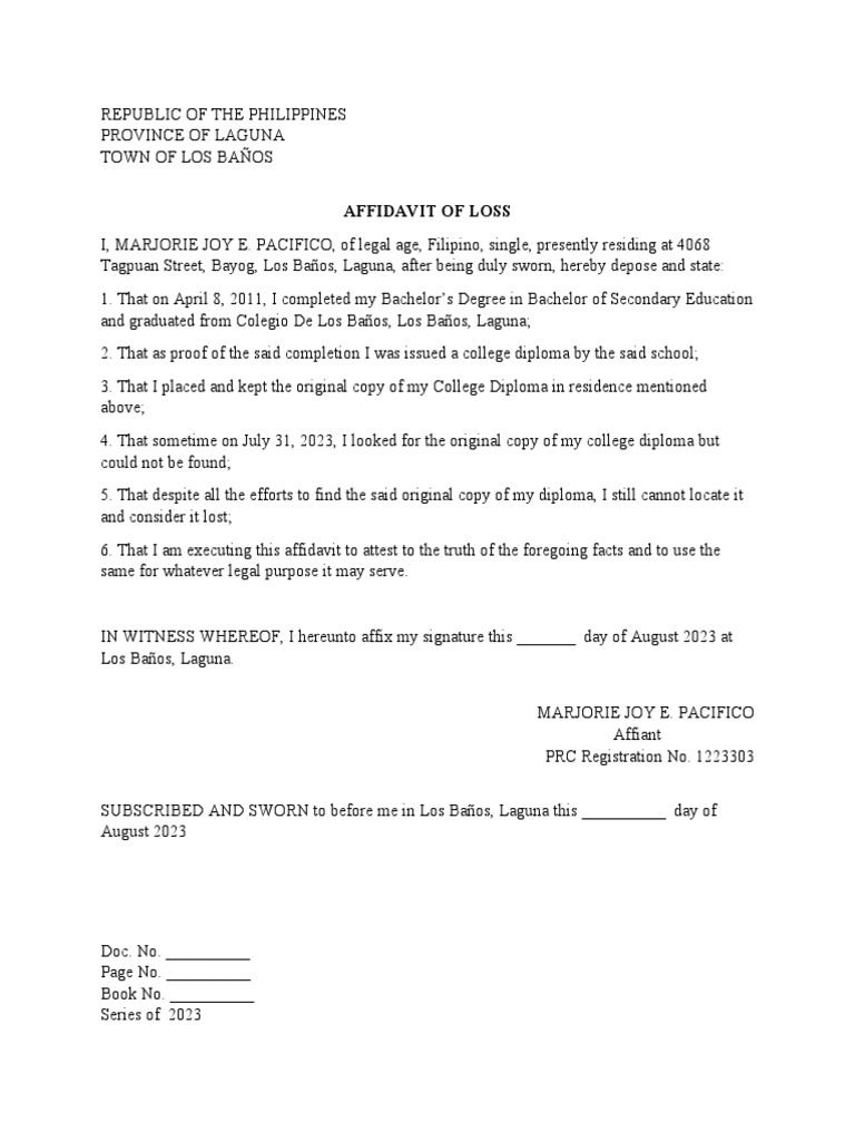 affidavit of loss diploma | PDF