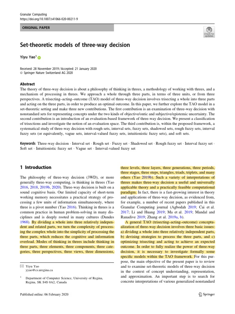 1 Set Theoretic Models Of Three Way Decision Highlight Pdf