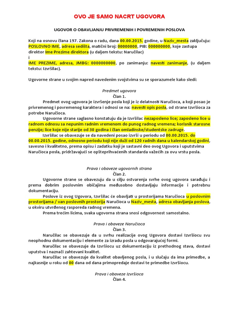 Primer Ugovora o Obavljanju Privremenih I Povremenih Poslova 2023 | PDF