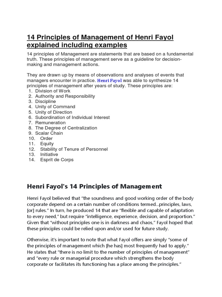 Fayol's 14 Principles of Management Explained | PDF