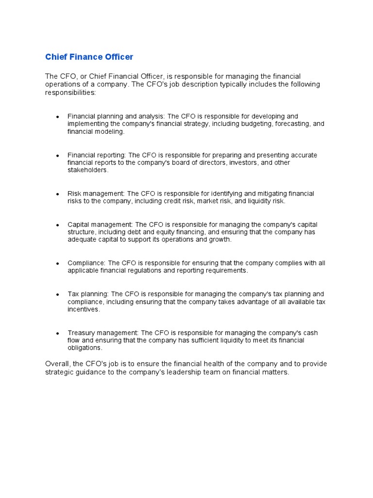 Chief Finance Officer Job Description | PDF Chief Finance Officer Job Description | PDF