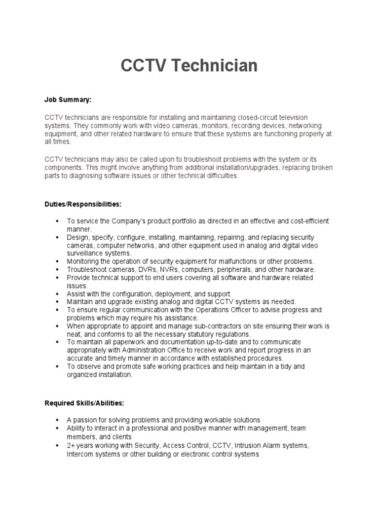 CCTV Technician Job Description | PDF