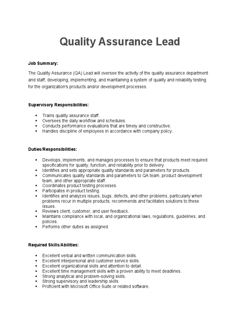QA Lead Job Description | PDF