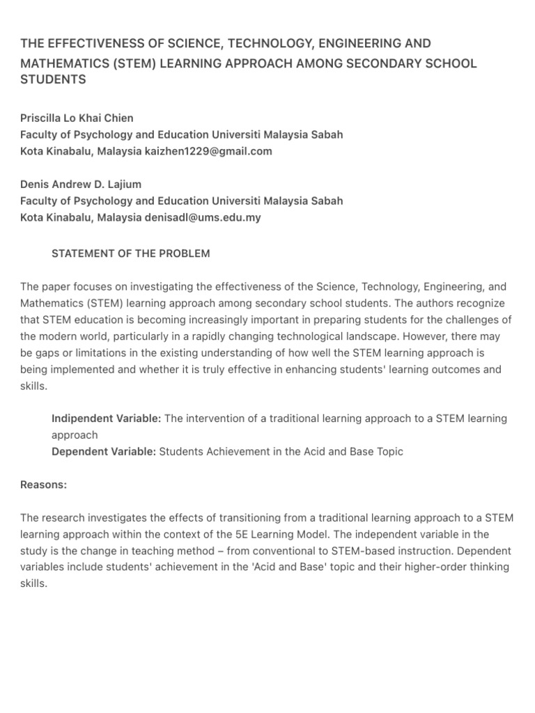 Effectiveness of STEM Learning in Schools | PDF | Wellness | Technology ...