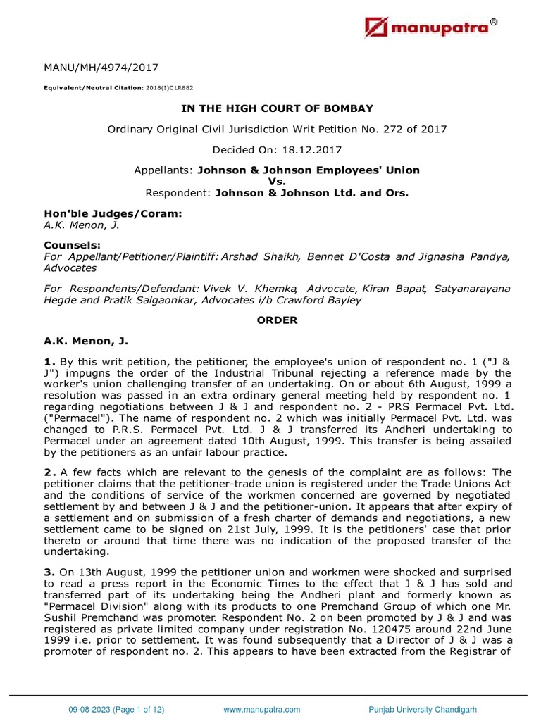 Johnson and Johnson Employees Union Vs Johnson | PDF | Law