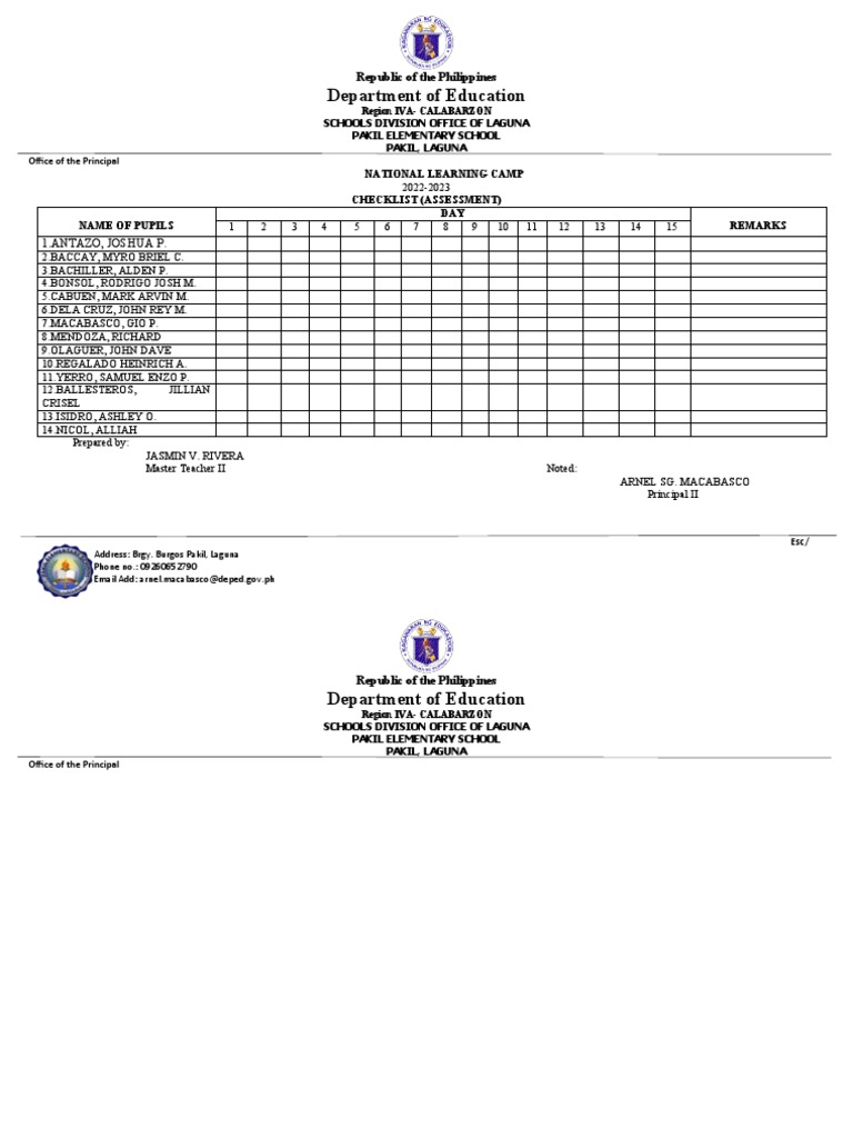 NLC Assessment-Checklist Rivera | PDF