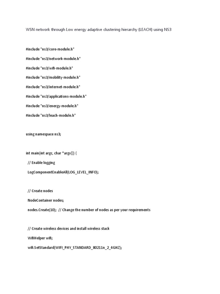 Script For WSN Network Through Low Energy Adaptive Clustering Hierarchy (LEACH) Using NS3 | PDF