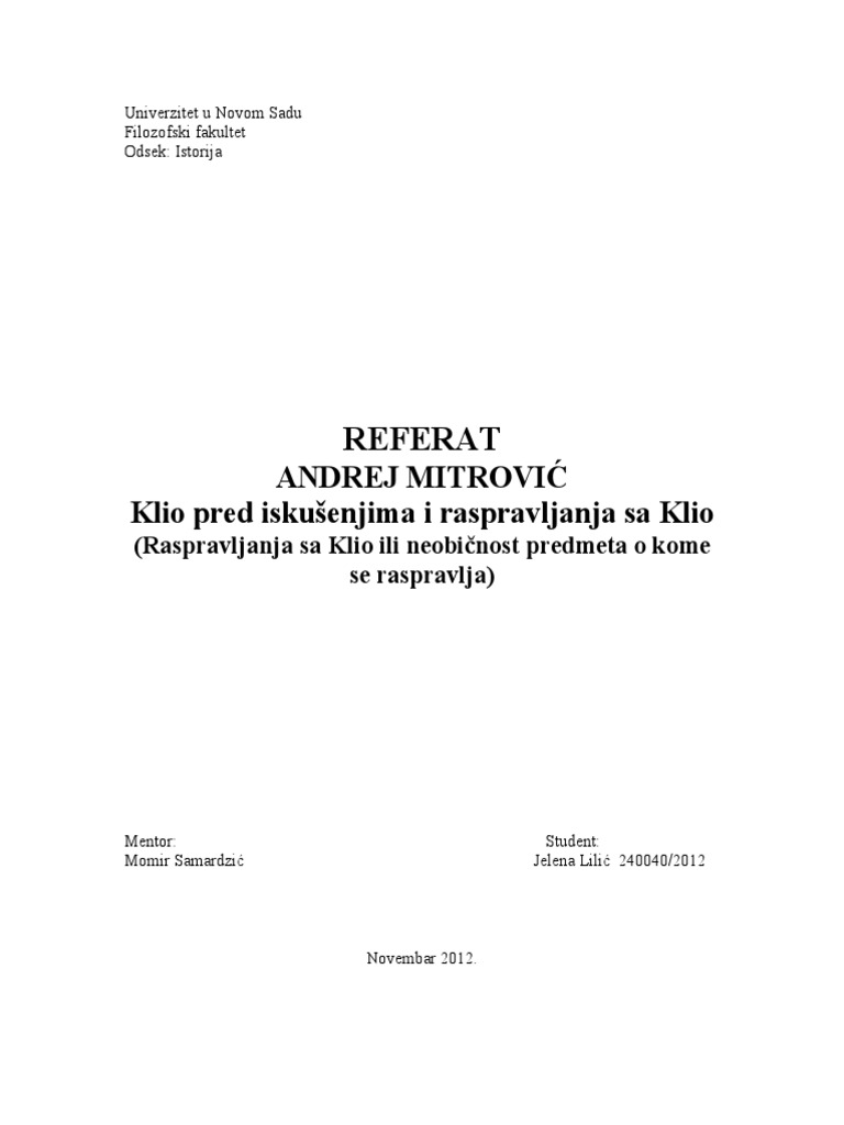 Andrej Mitrovic Klio pred iskusenjima i raspravljanja sa Klio | PDF
