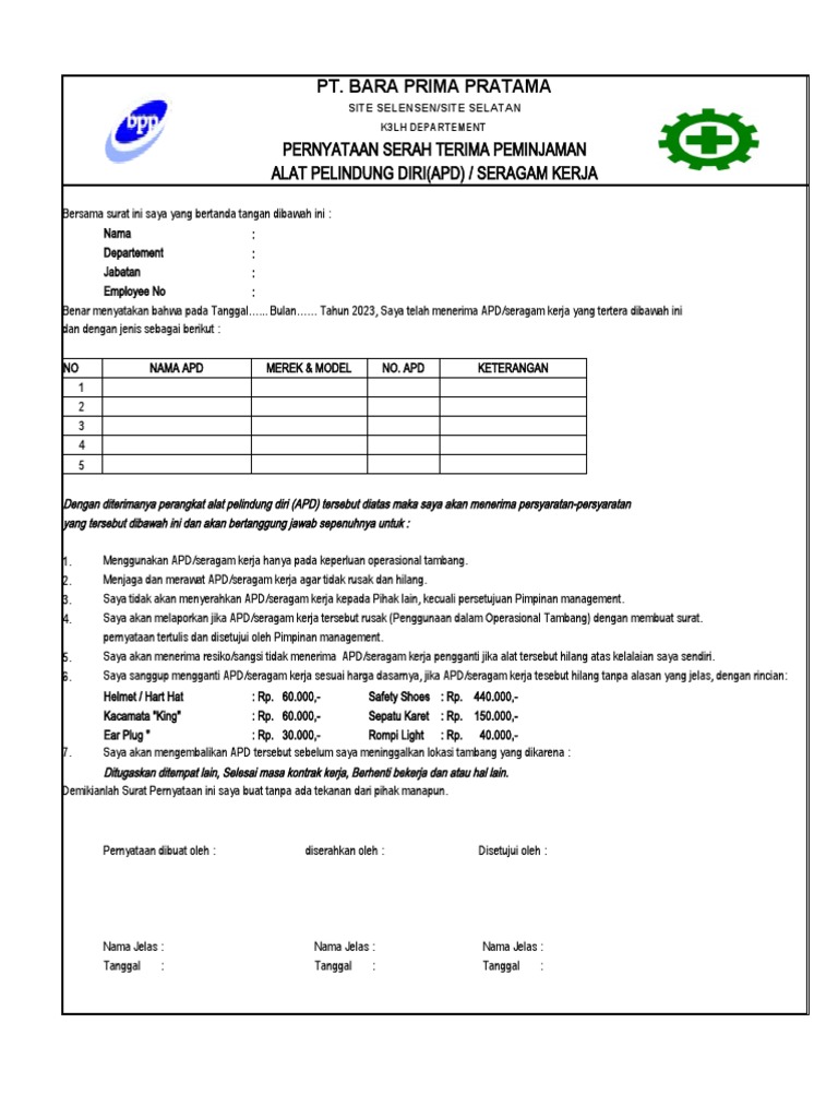 Pernyataan Serah Terima APD dan Seragam | PDF