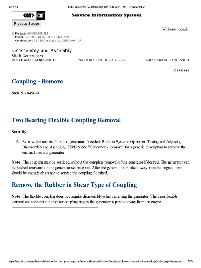 3508B Generator Set CNB0 Coupling Remove | PDF