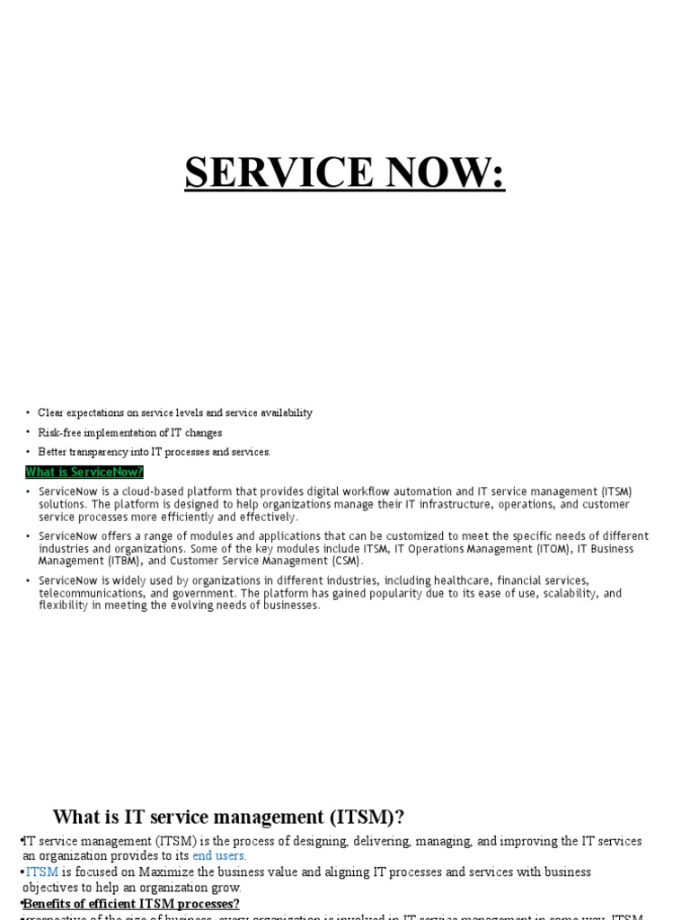 ServiceNow ITSM Overview and Benefits | PDF | Finance & Money Management