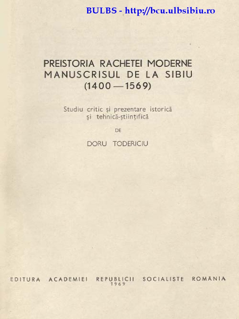 Sibiu - Preistoria Rachetei Moderne - Manuscrisul de La Sibiu - 1969 | PDF
