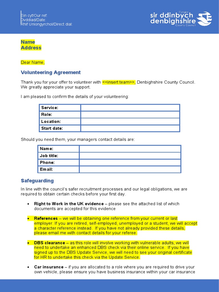 Volunteering Confirmation Letter and Agreement Template | PDF