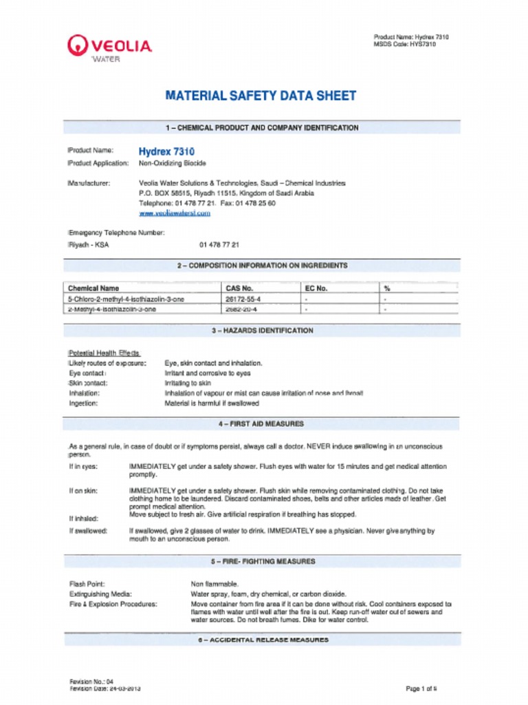 MSDS - Hydrex 7310 (Biocide) - CO2 Plant | PDF