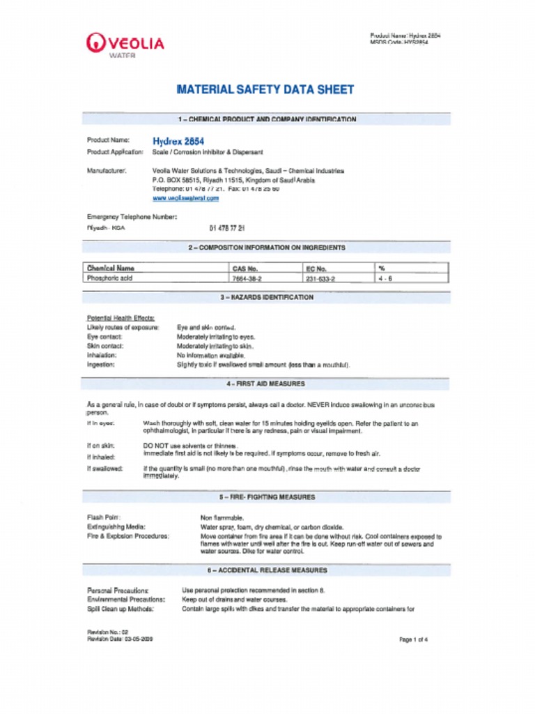 MSDS - Hydrex 2854 (Antiscale +corrosion Inhibetor) - CO2 Plant | PDF