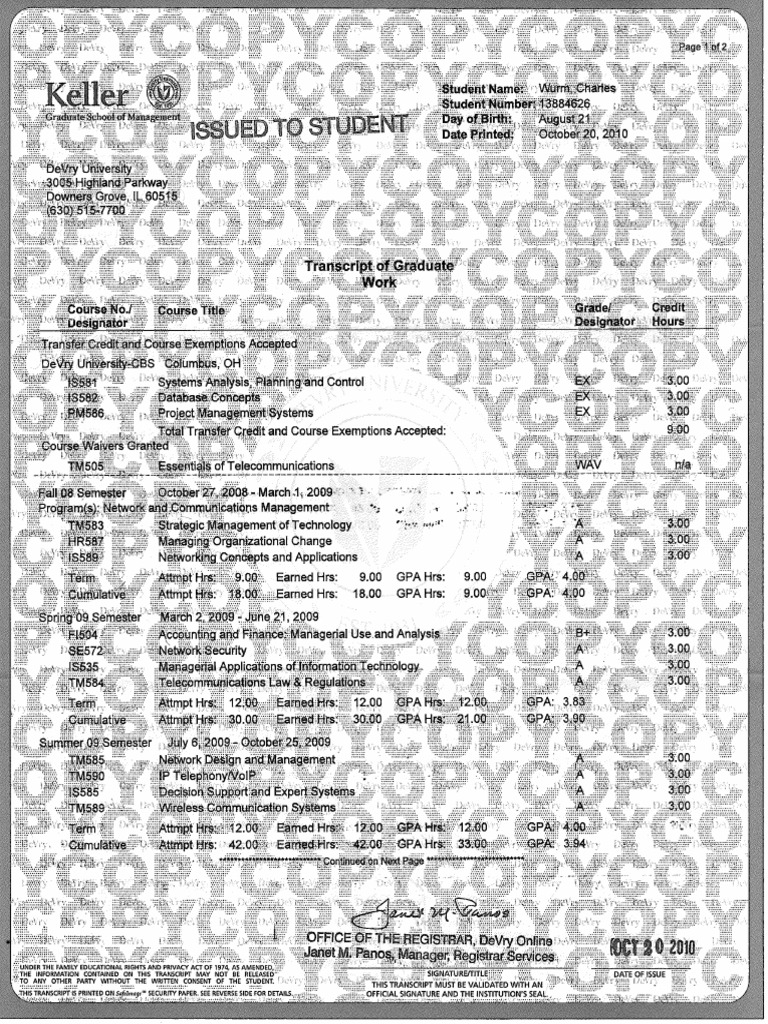 Keller Graduate School Transcripts 2009 | PDF