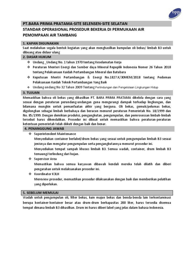 Sop Pengumpulan Penangananm Penyimpanan Dan Pembuangan Limbah B3 Pdf