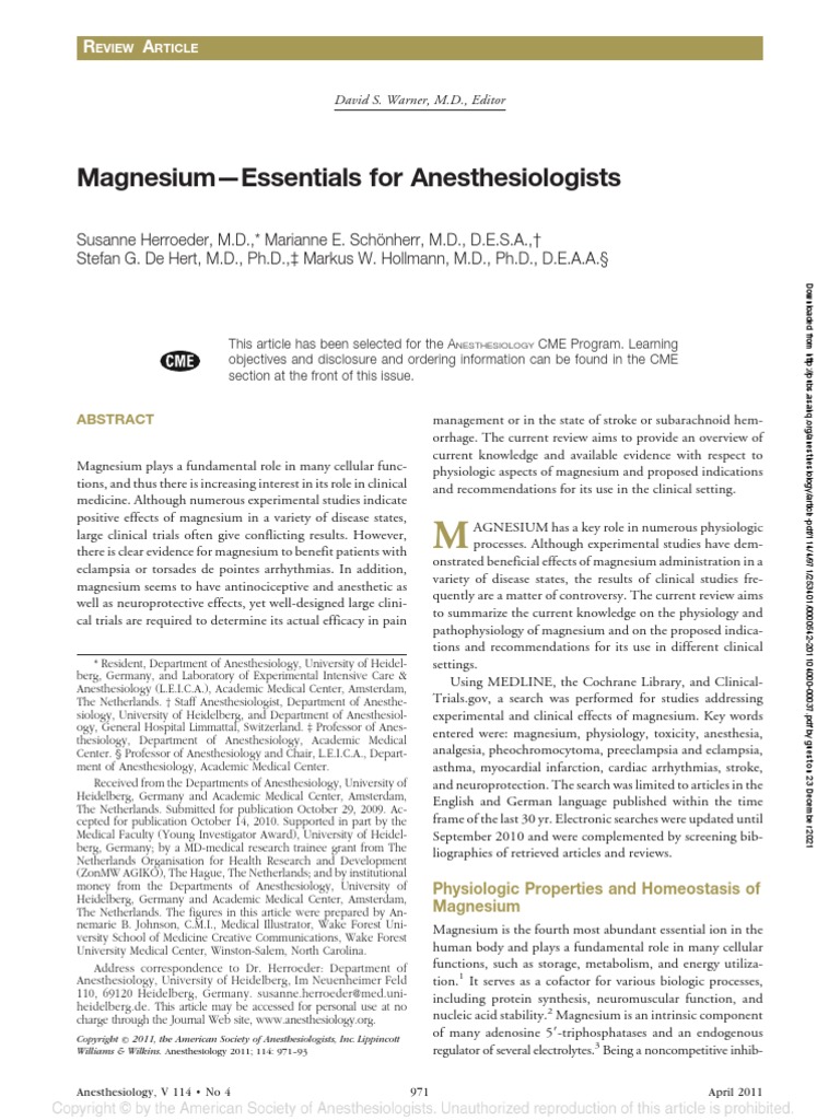 Magnesio para Anestesiologia | PDF | Physiology | Medicine