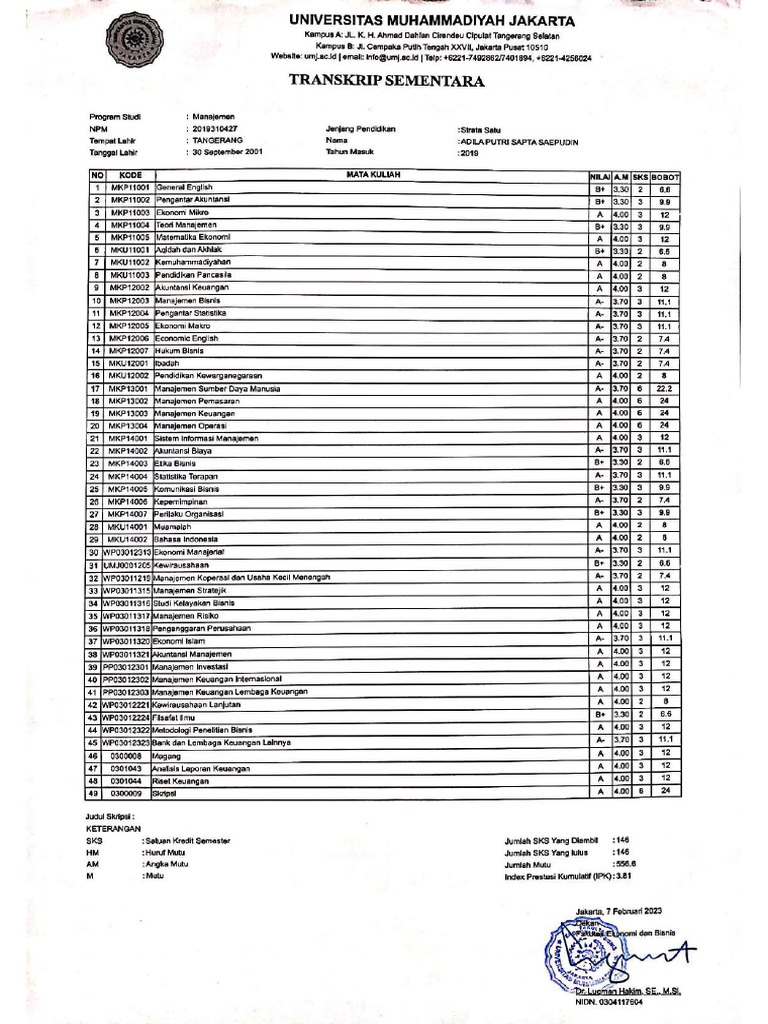 Transkrip Nilai Adila Putri - Compressed | PDF