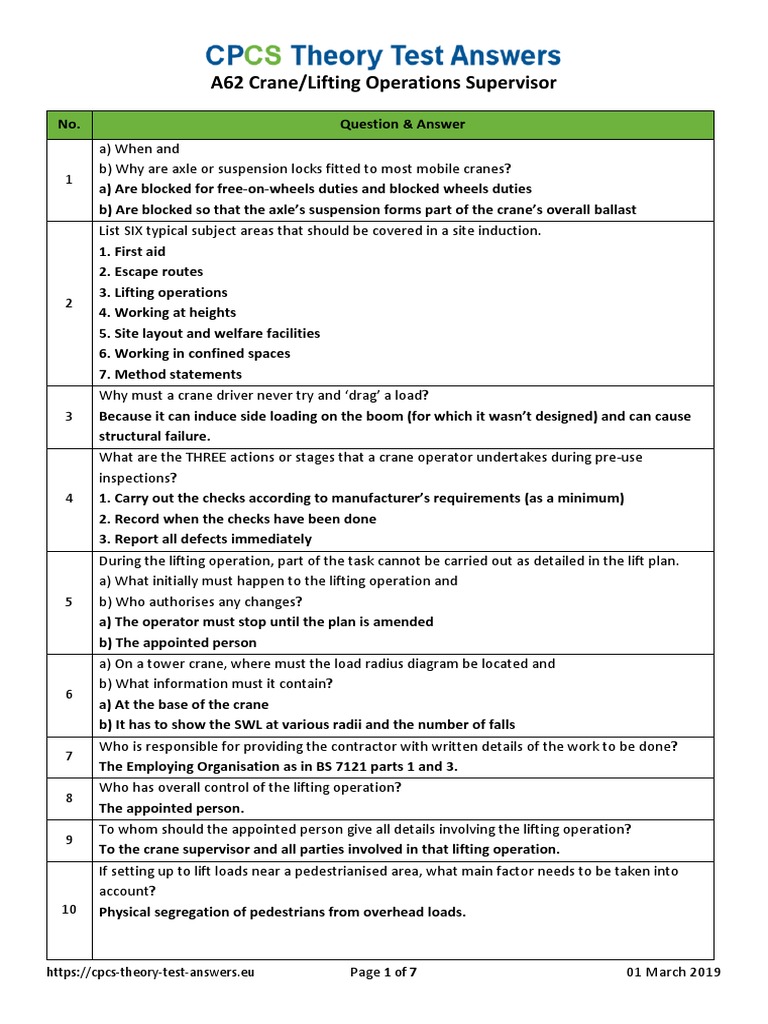 A62 Crane Supervisor Q&A Guide | PDF | Crane (Machine) | Elevator