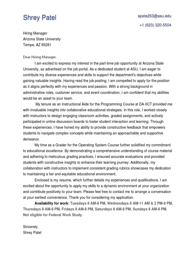 Shrey Patel Cover Letter_1 | PDF | Arizona State University | Education ...