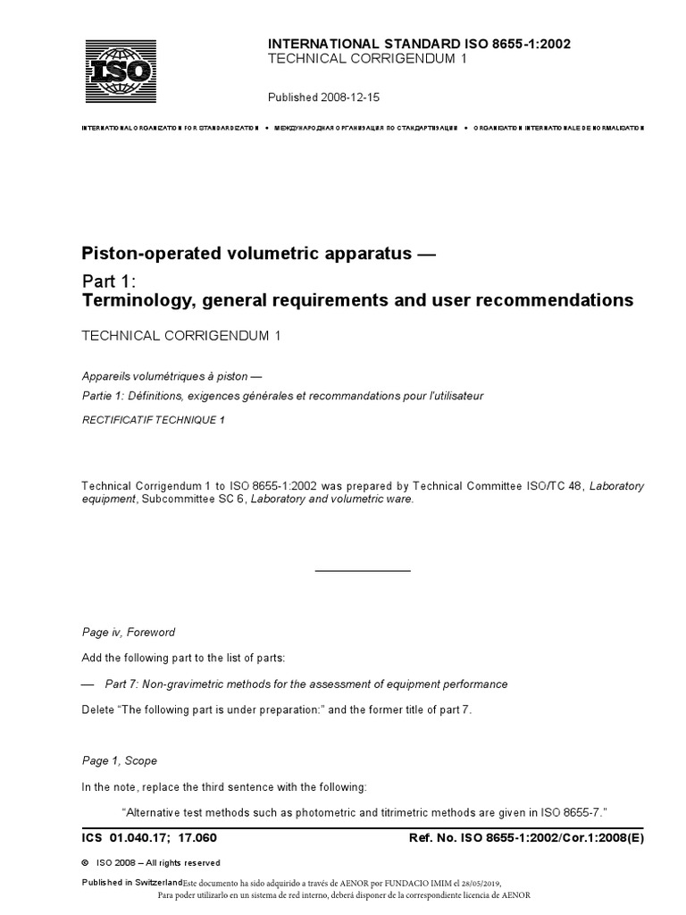 ISO 8655-1-2002 en Technical Corrigendum | PDF