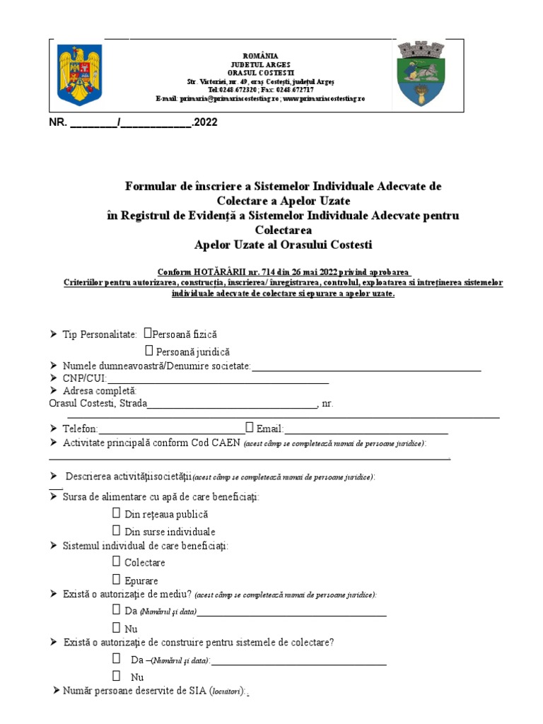 Formular Inscriere in Registrul de Evidenta a Sistemelor Individuale ...