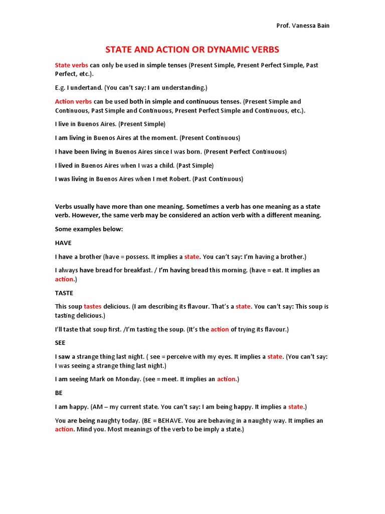 State Verbs - Notes and Table To Complete - Sts | PDF