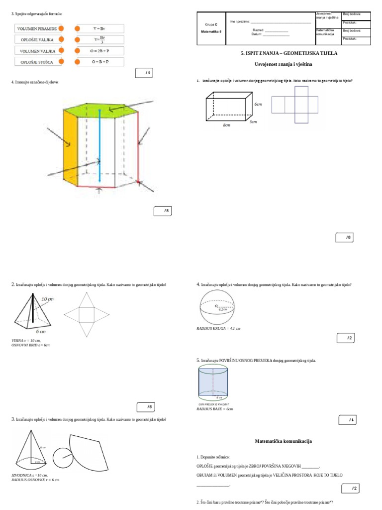 8 Razred: 5. Ispit Znanja - Geometrijska Tijela C | PDF